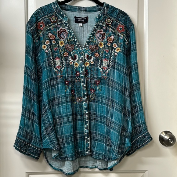 Johnny Was | Tops | Johnny Was Teal Plaid Blouse With Floral Embroidery ...